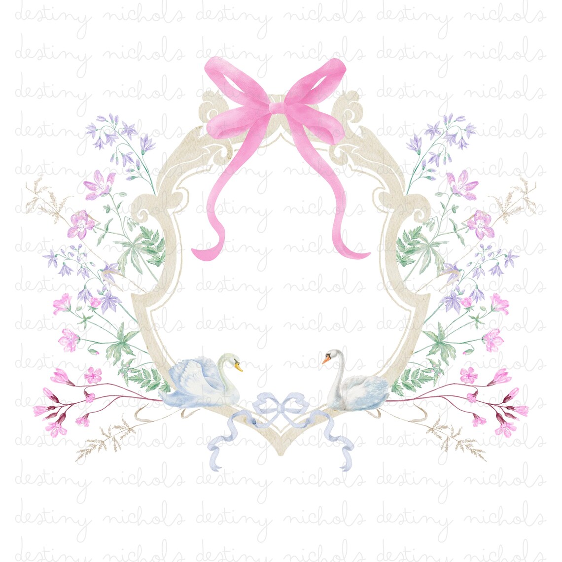 Swan Bow Pink Floral Watercolor Crest | Blue Chinoiserie Topiary ...