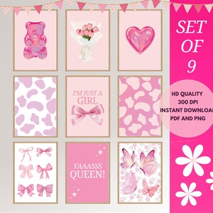 Coquette Pastel Pink Preppy Wall Decor Set of 9, Coquette Room Decor ...