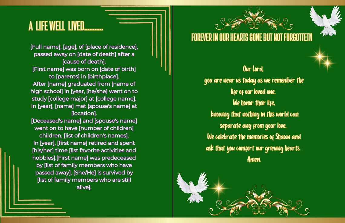 Green and Gold Obituary, Funeral Program, Memorial Program, Men's ...