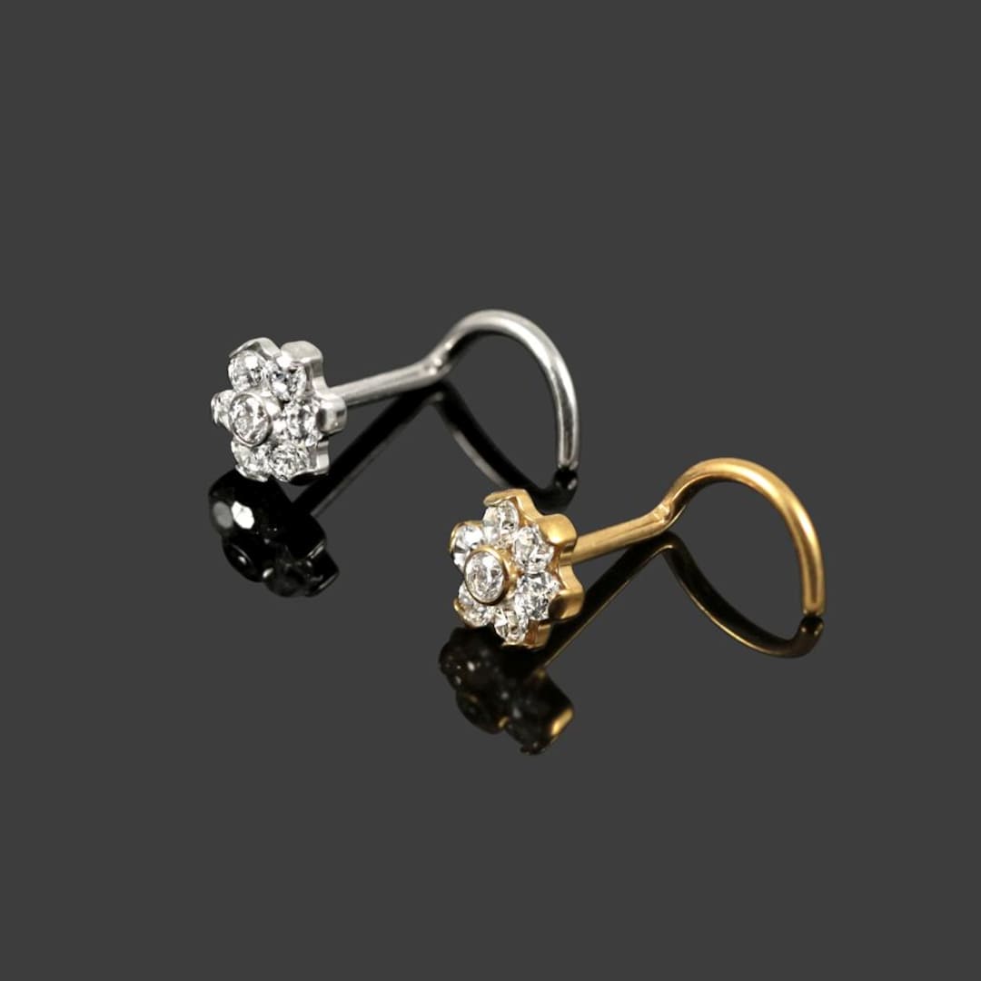 G23 Grade Titanium CZ Jewelled Flower Corkscrew Nose Stud – 20G (0.8mm ...