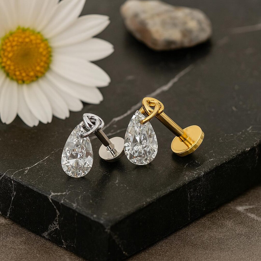 CZ Droplet Threadless Push-fit Flat Back Tragus, Helix, Cartilage Stud ...