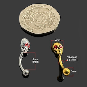 925 Sterling Silver Jeweled Skull Eyebrow Ring - 16G (1.2mm) - Silver and Gold-plated Option ...