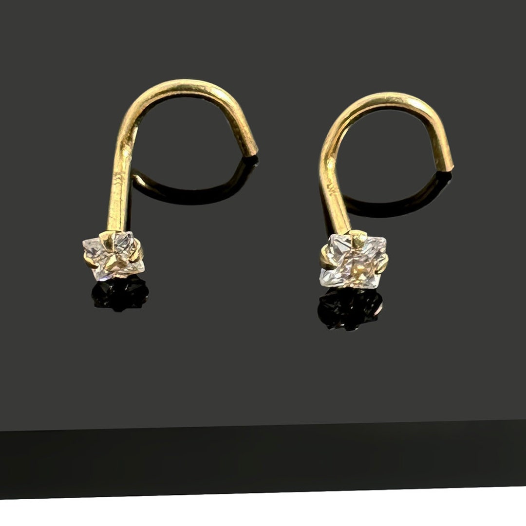 18K Yellow Gold Square CZ Corkscrew Nose Stud - 20G (0.8mm) - Available ...