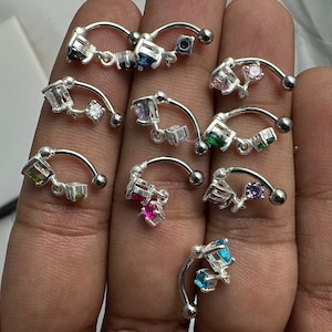 925 Sterling Silver Heart Dangling Jeweled Eyebrow Ring - 16G (1.2mm ...