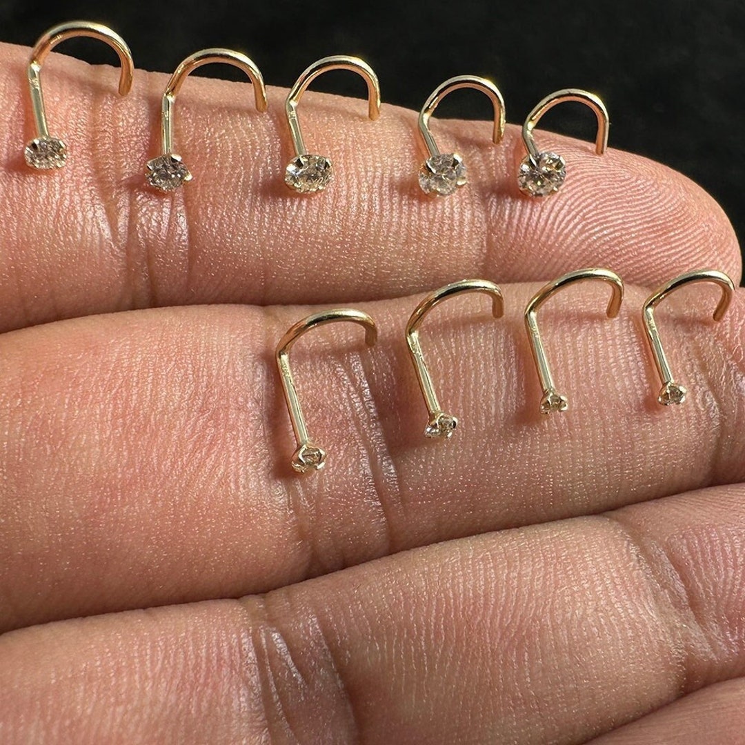 14K Gold Nose Stud Genuine Diamond, Corkscrew Style, Multiple Sizes, G ...
