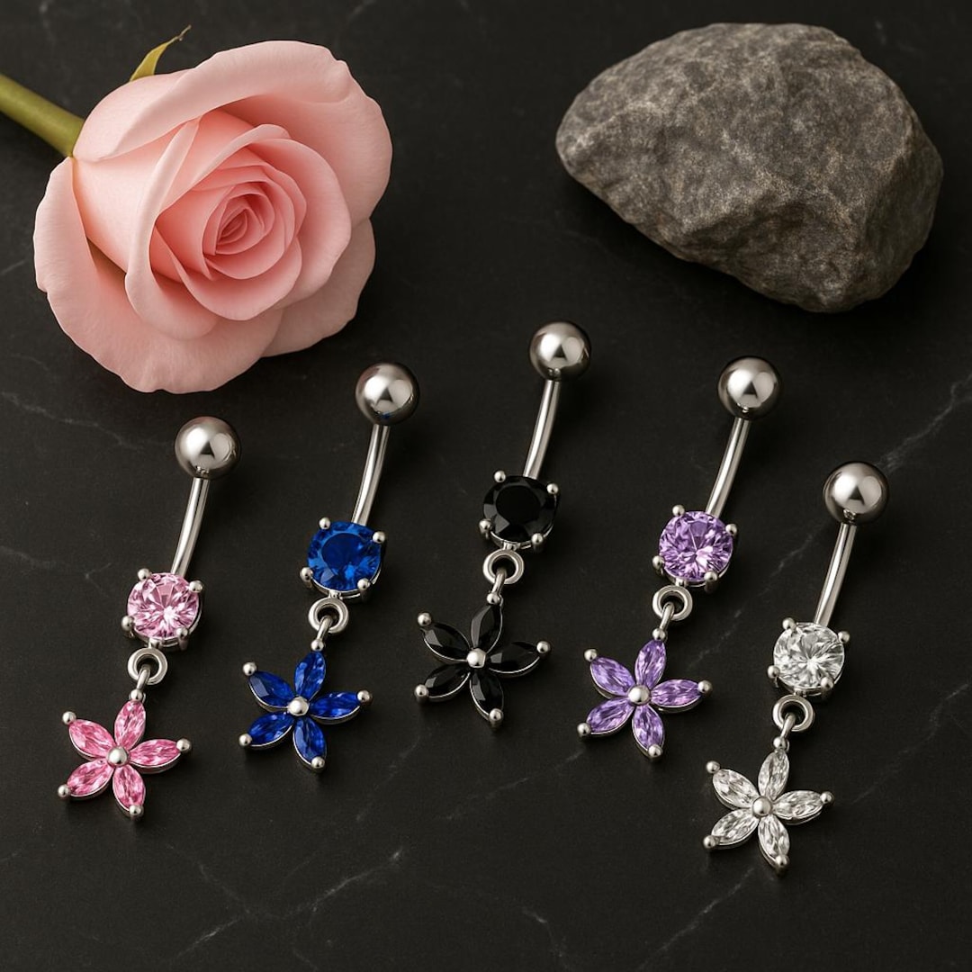 Delicate Flower Drop Belly Ring | 925 Sterling Silver | 14G (1.6mm ...