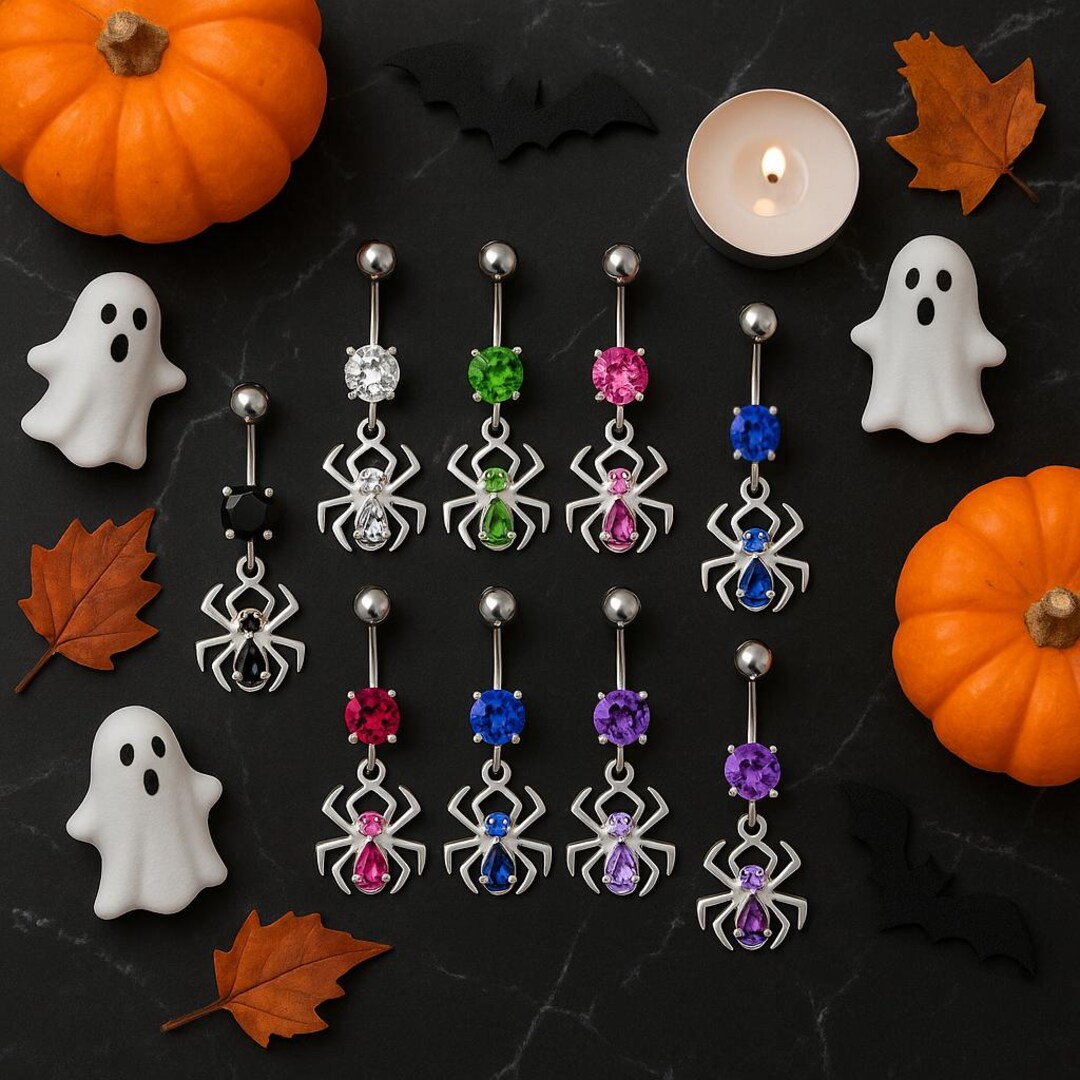 CZ Jewelled Dangling Spider Belly Button Ring | 925 Sterling Silver ...