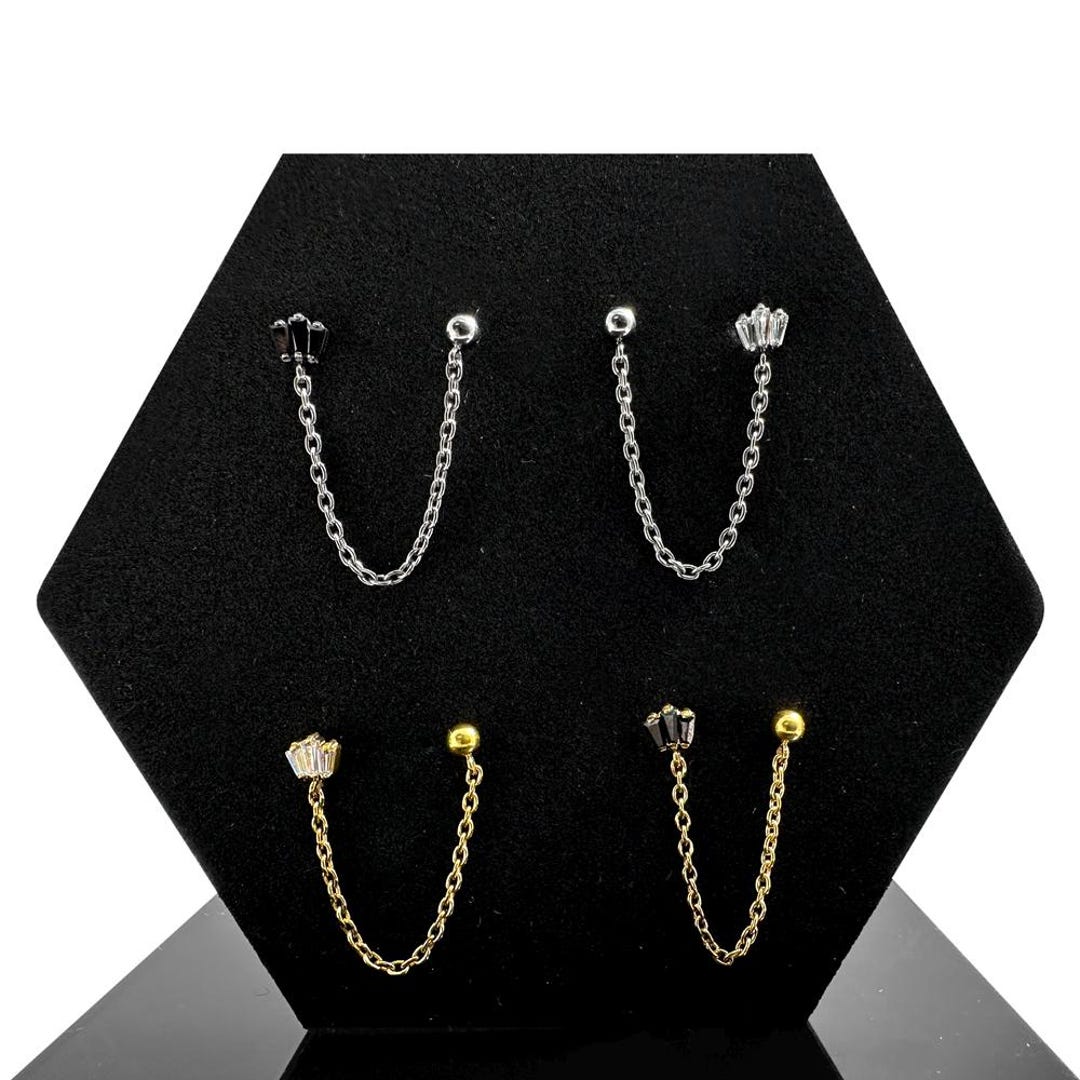 CZ Round and Crown Double Stud With Chain Fancy Design Threadless Push ...