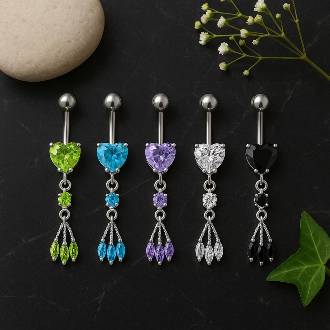 Stylish Heart Dangle Belly Ring | 925 Sterling Silver | 14G (1.6mm ...