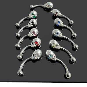 925 Sterling Silver Jeweled Skull Eyebrow Ring - 16G (1.2mm) - Silver ...