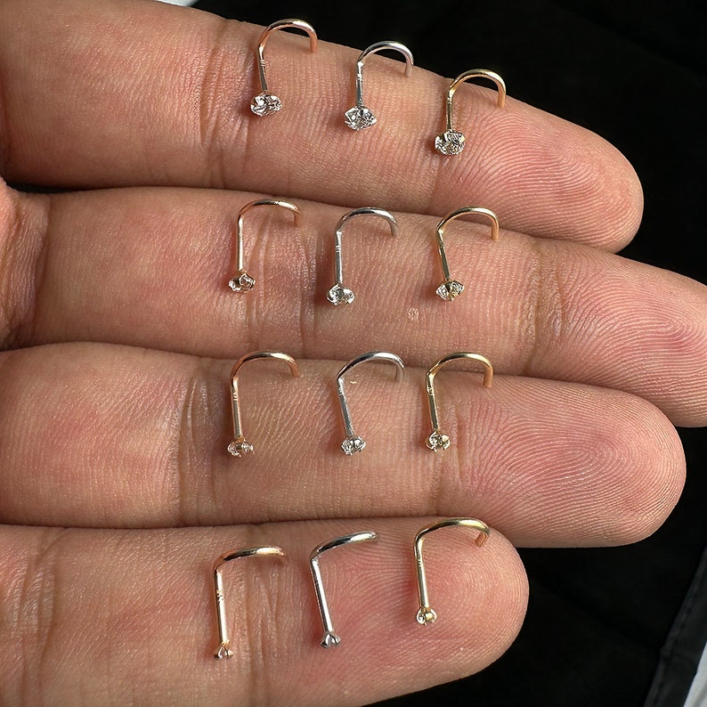 14K Gold Handmade Corkscrew Nose Stud 20g0.8mm Yellow, White and Rose ...