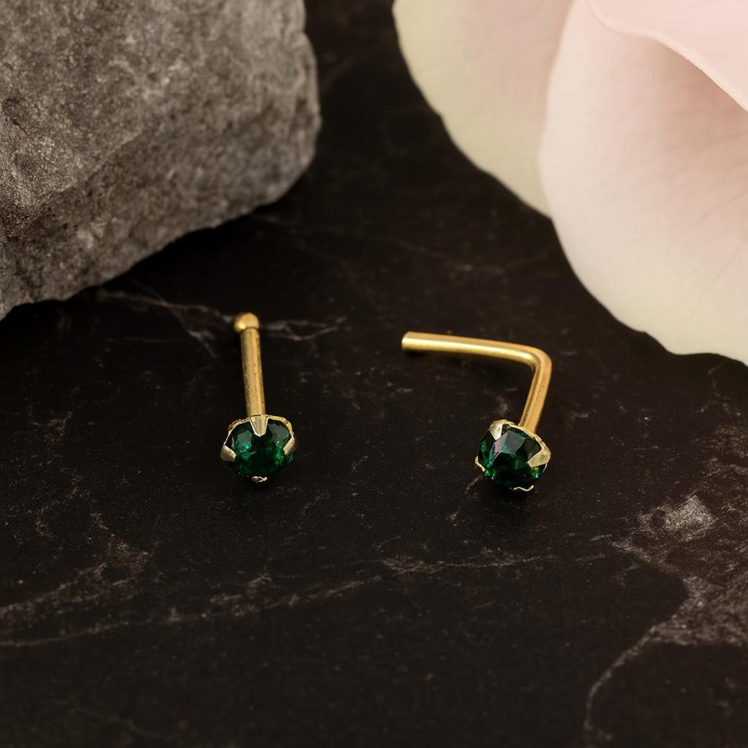 9K Solid Yellow Gold Emerald Nose Pin Stud 22g/0.6mm Ball End/l-shaped ...