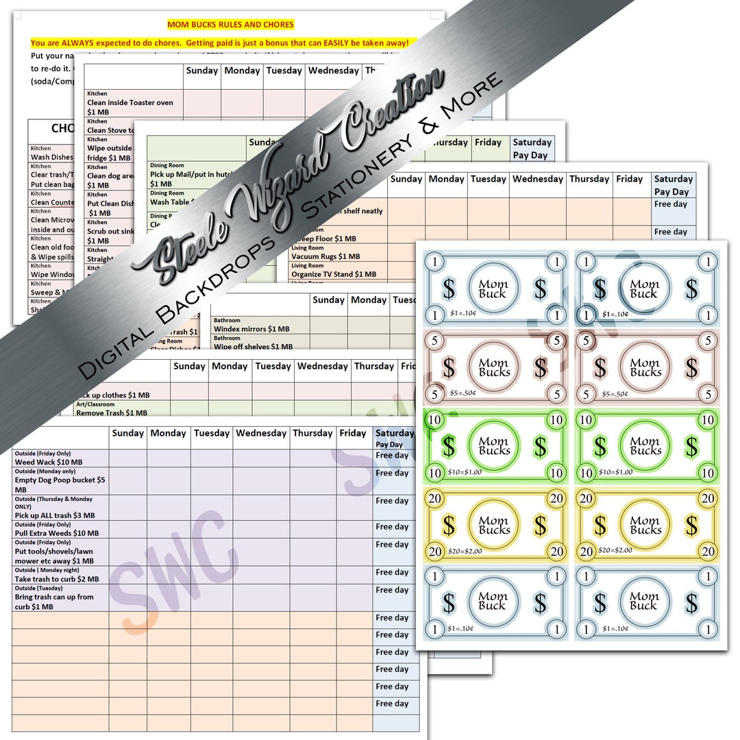 Edit - Print Chore Chart Mom Bucks for Tweens Teens Chores - Download ...