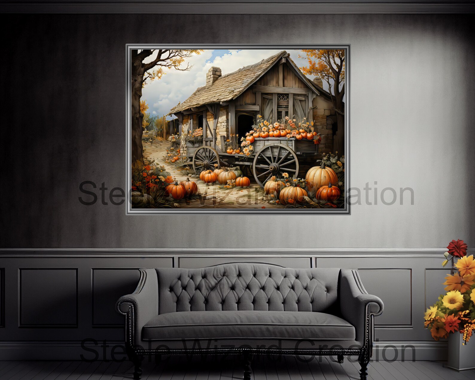PRINTABLE Autumn Fall Scene Old Barn Wagon and Pumpkins Digital ...