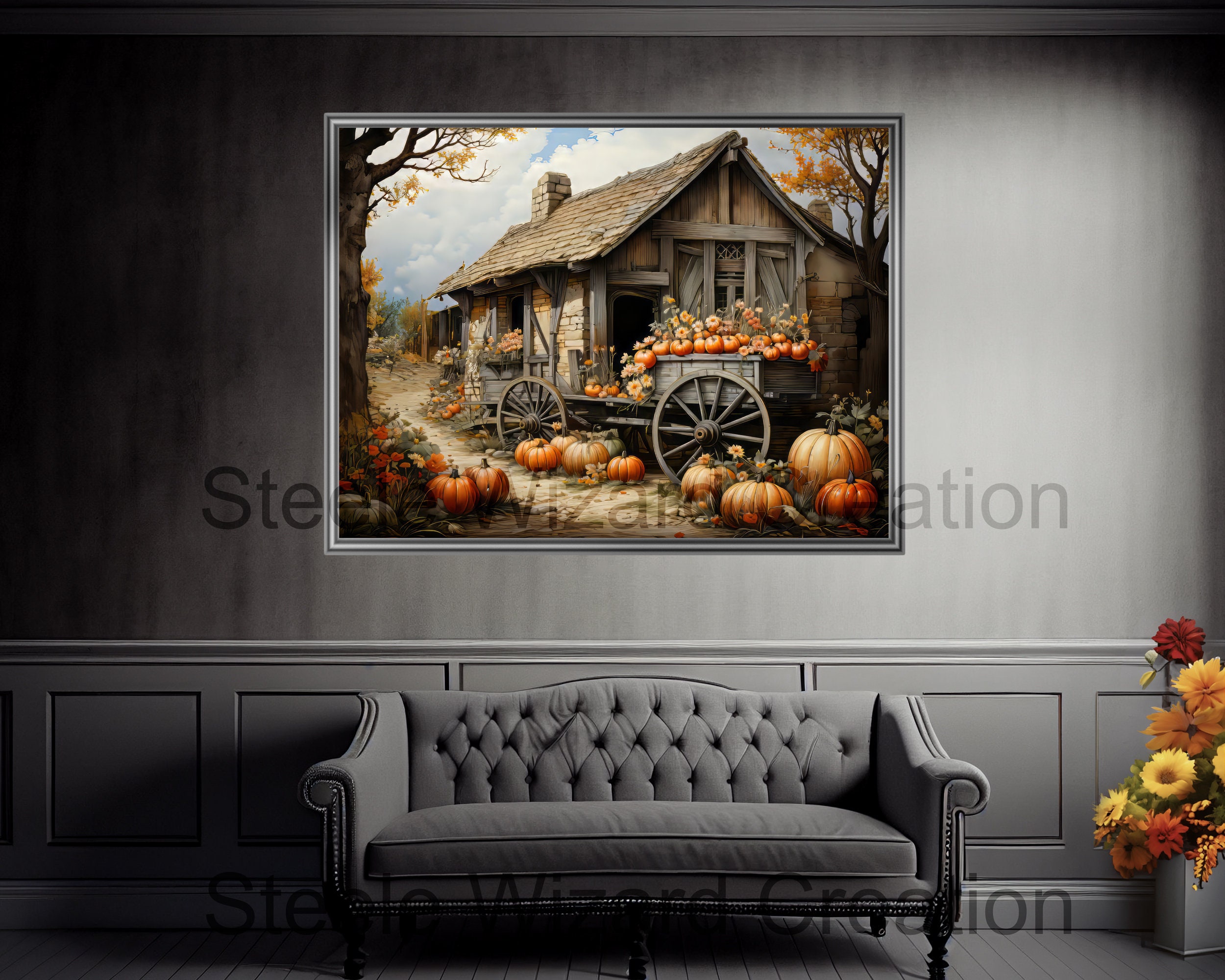 PRINTABLE Autumn Fall Scene Old Barn Wagon and Pumpkins Digital ...
