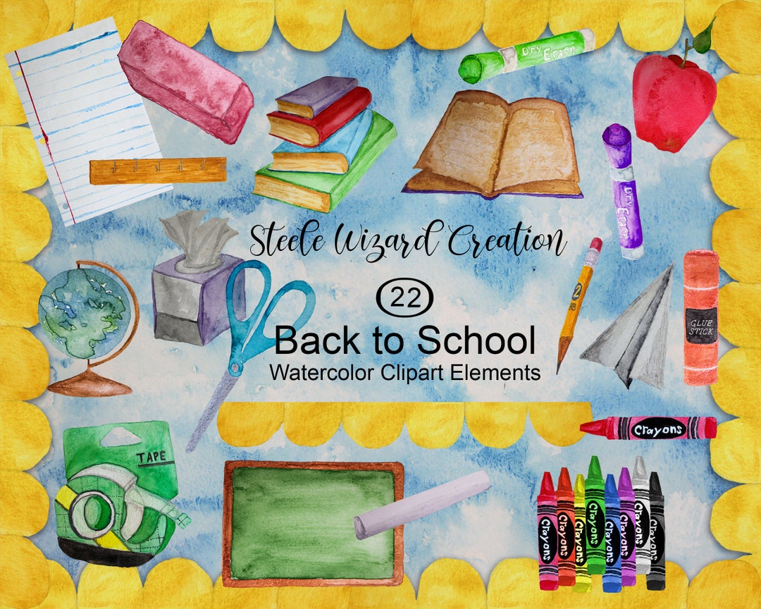 School Supplies Clipart, Back to School, Hand Painted Illustration ...
