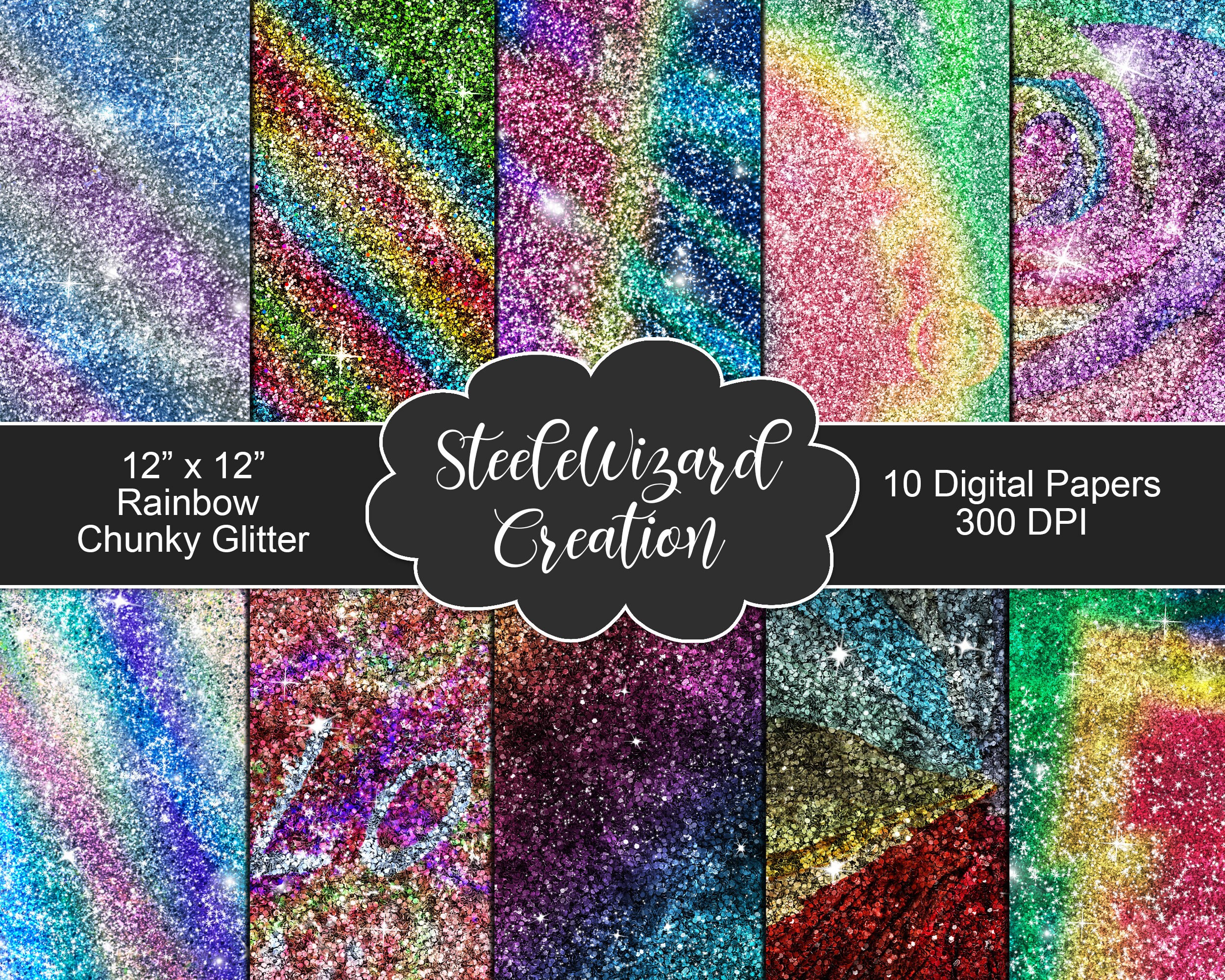 Glitter Digital Paper Rainbow Ombre Chunky Glitter, Sublimation Design ...