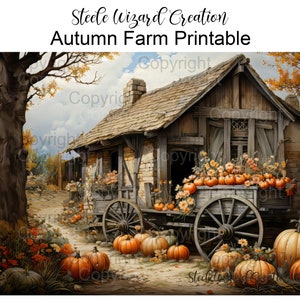 PRINTABLE Autumn Fall Scene Old Barn Wagon and Pumpkins Digital ...