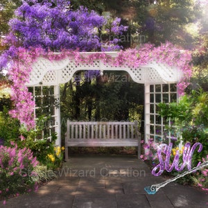 Spring Garden Backdrop, Digital Background, Spring Bench, Flower Garden ...