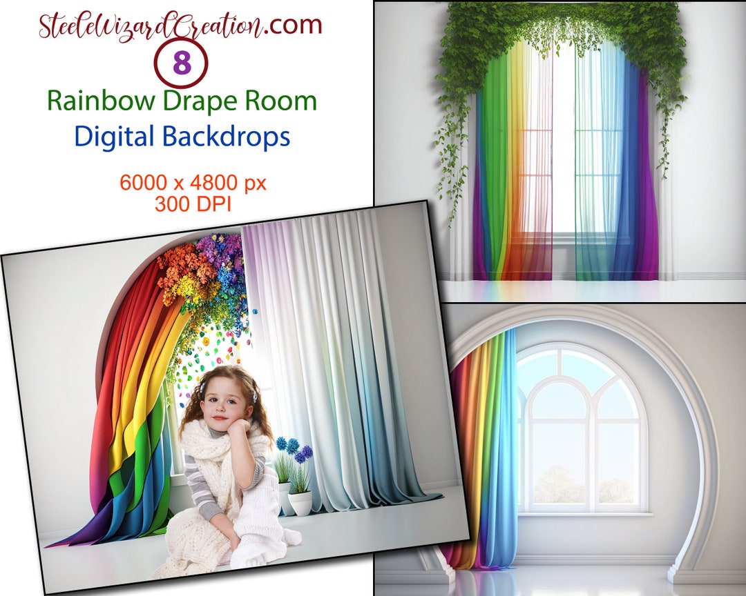 Rainbow Curtains Backgrounds, Digital Backdrop, Rainbow Floral White ...