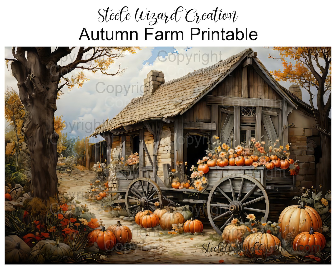 PRINTABLE Autumn Fall Scene Old Barn Wagon and Pumpkins Digital ...