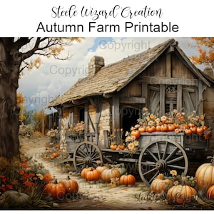 PRINTABLE Autumn Fall Scene Old Barn Wagon and Pumpkins Digital ...