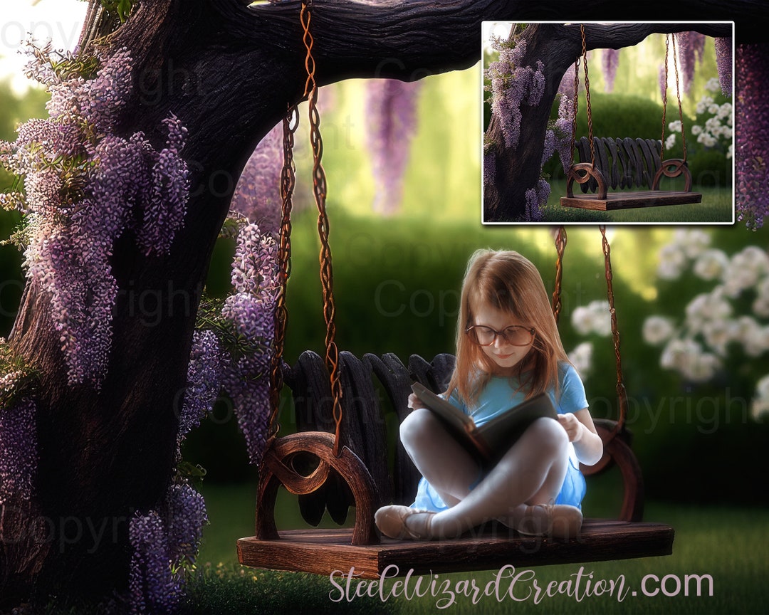Spring Digital Backdrop, Bench Swing Garden Digital Background ...