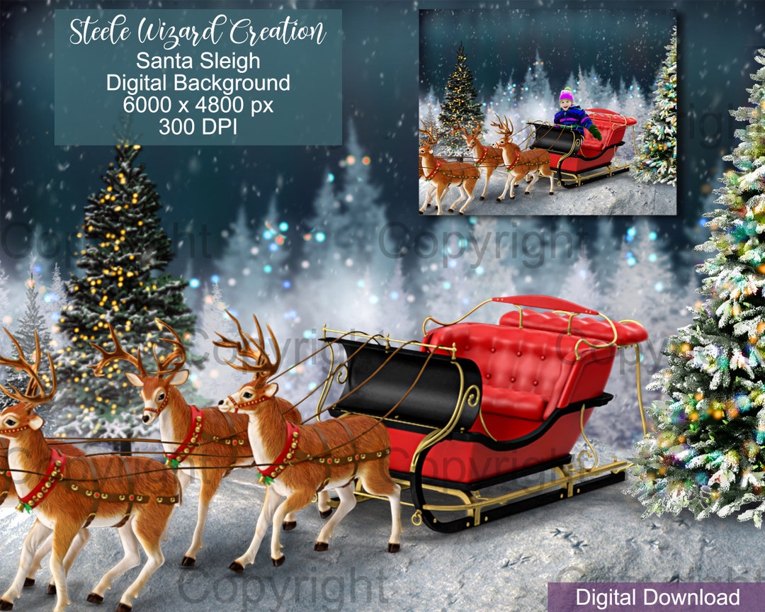 Santa Sleigh Digital Background, Christmas Backdrop, Reindeer Sleigh ...