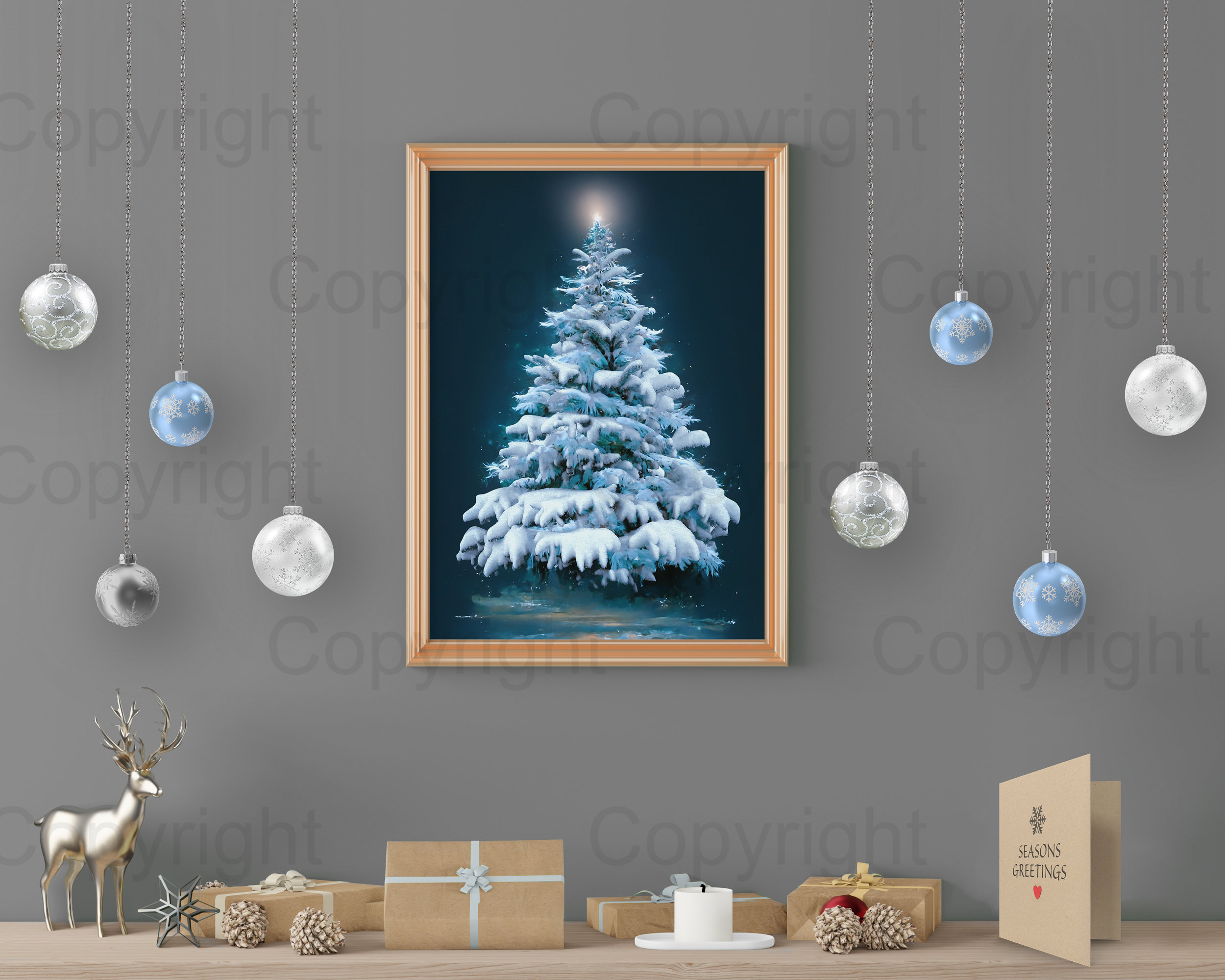 Christmas Art Print, Printable Digital Snow Pine Tree, Holiday Digital ...