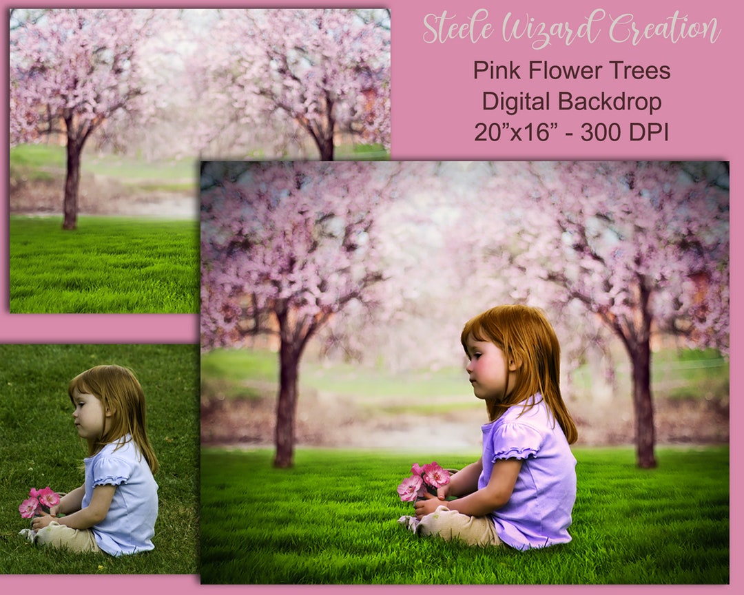 Floral Trees Digital Backdrop, Spring Backdrop, Pink Flower Trees ...