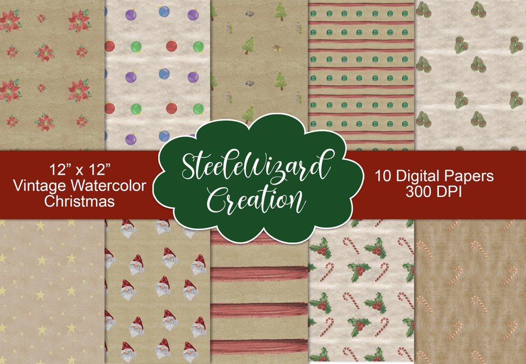 Christmas Watercolor Papers Vintage Digital Paper Pack, Junk Journal ...