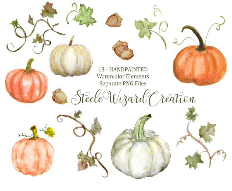 Pumpkins Fall Thanksgiving Clipart, Fall Autumn Hand Painted Watercolor ...