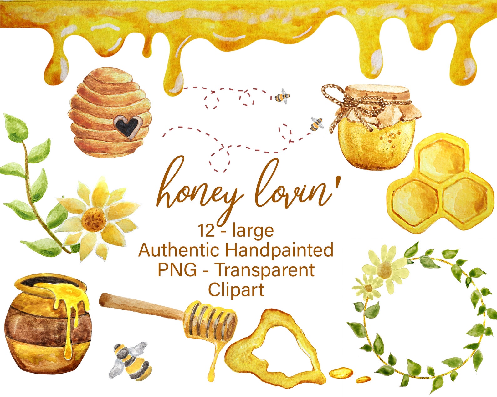 Watercolor Honey Clipart Honey Bees Hand Painted | Etsy