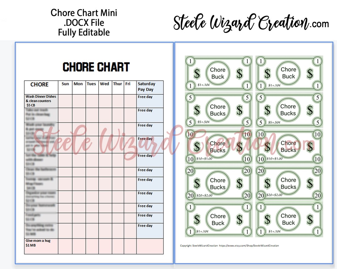Chore Chart Printable, Chore Bucks Chart, Teens Kids Chores Checklist ...