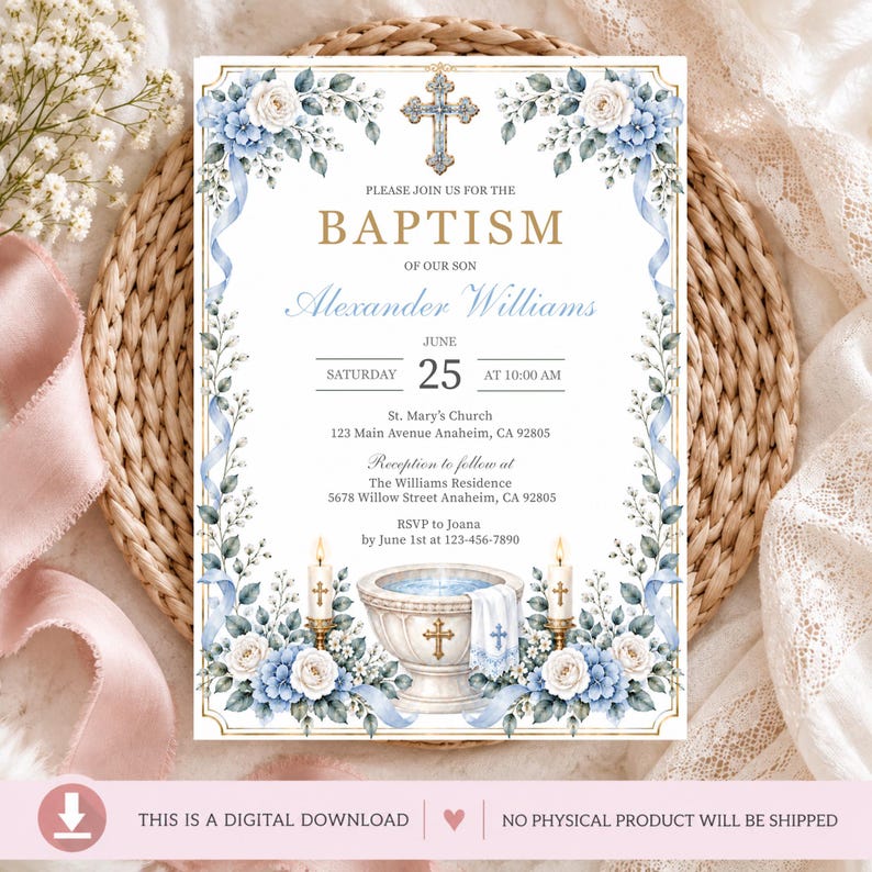 Catholic Baptism Invitation for Baby Boy Blue Floral Christening Invite ...