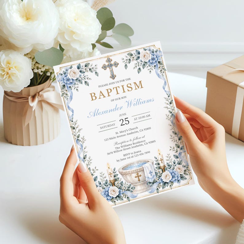 Catholic Baptism Invitation for Baby Boy Blue Floral Christening Invite ...