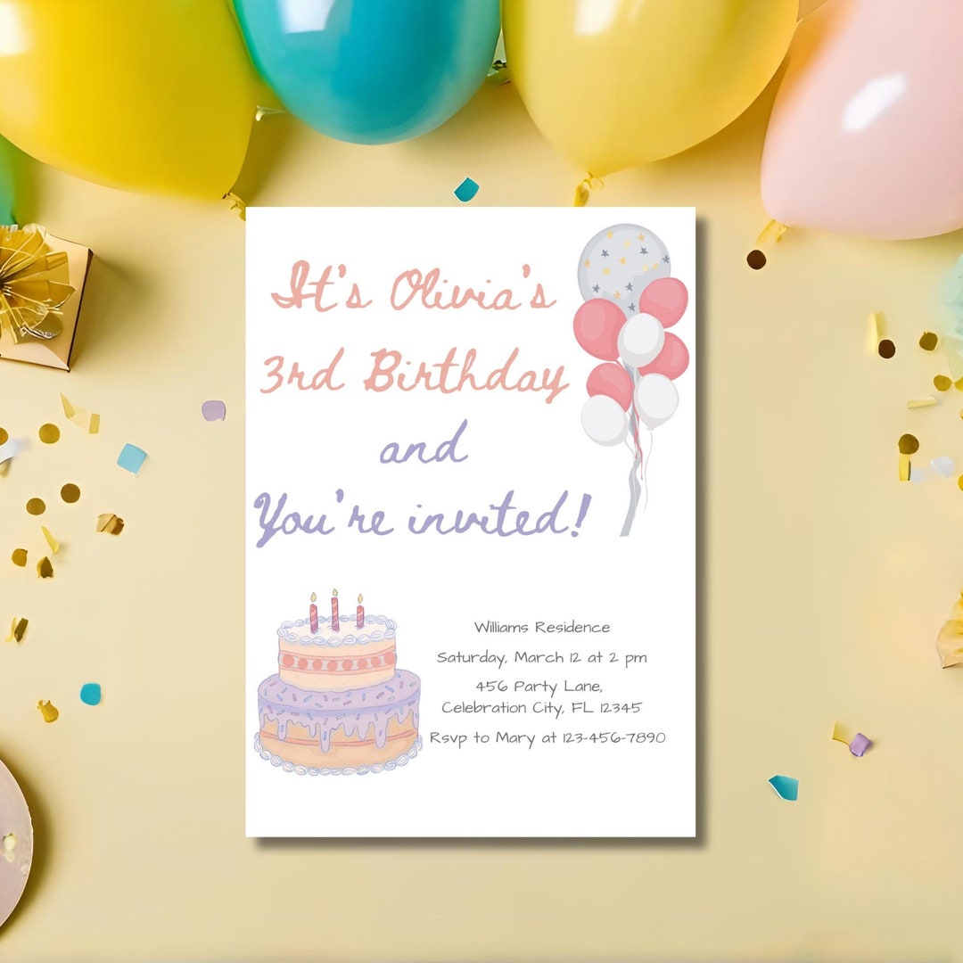 Editable Birthday Party Invitation, Cake Birthday Invitation, Balloon ...