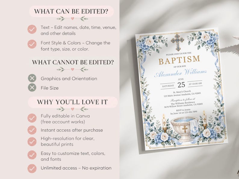 Catholic Baptism Invitation for Baby Boy Blue Floral Christening Invite ...