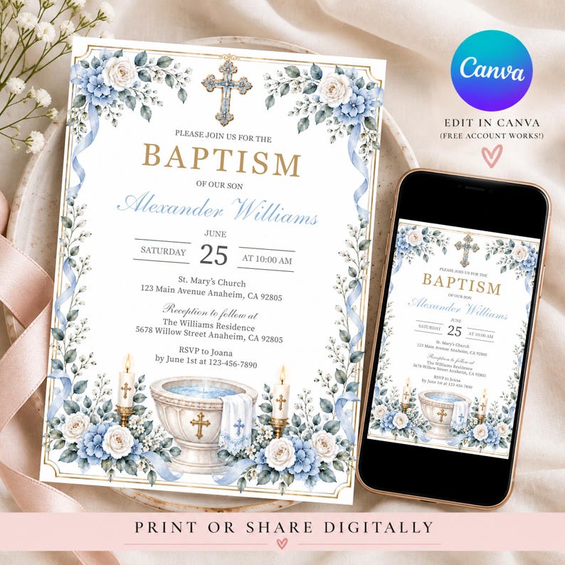 Catholic Baptism Invitation for Baby Boy Blue Floral Christening Invite ...