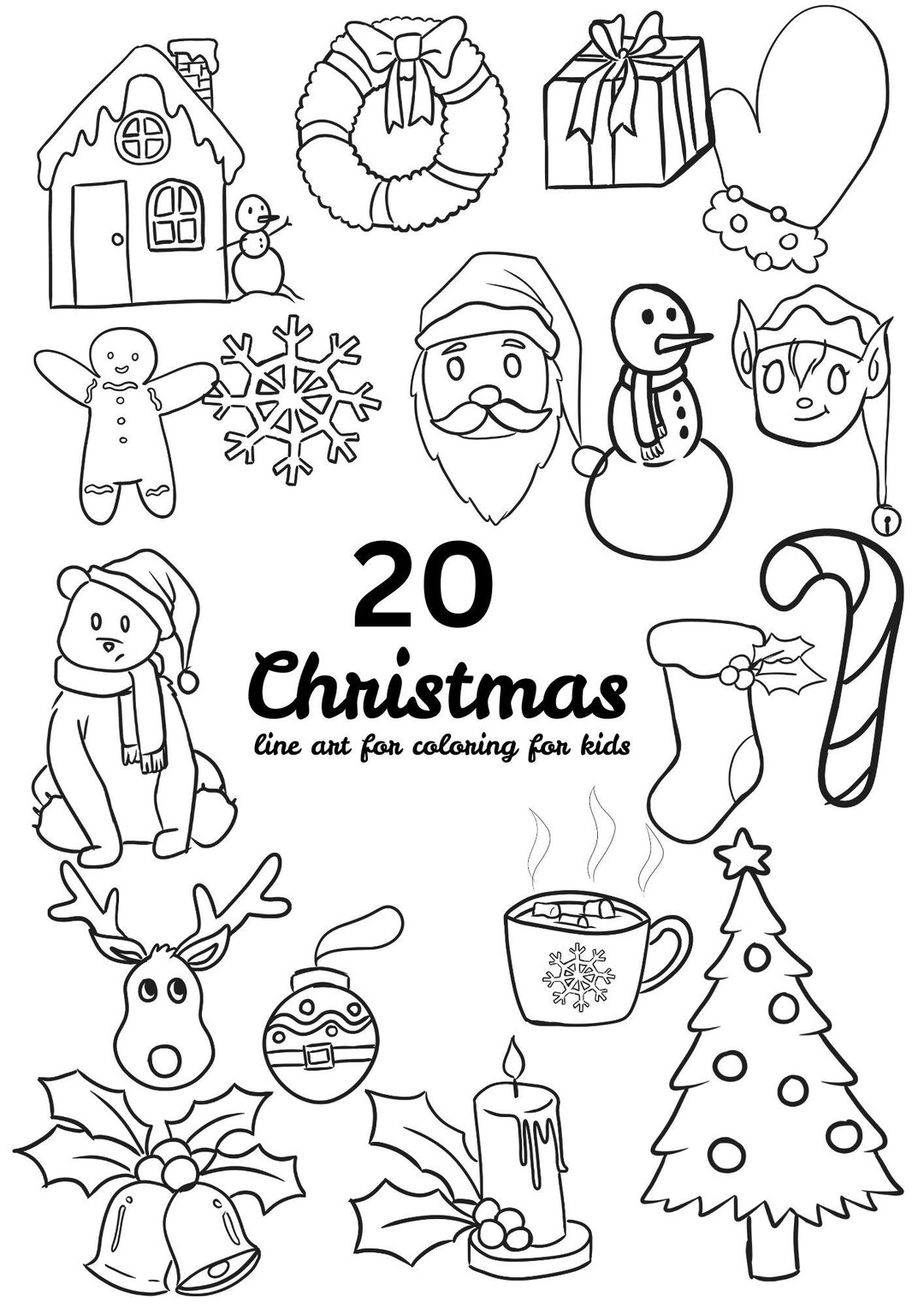 20 Christmas Line Clipart for Coloring for Kids - Etsy