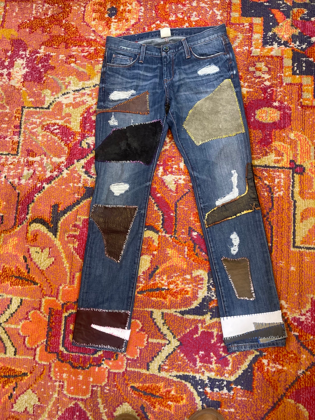 Vintage Jeans Low Waist and Different Color Leather Patchs Worked Into ...