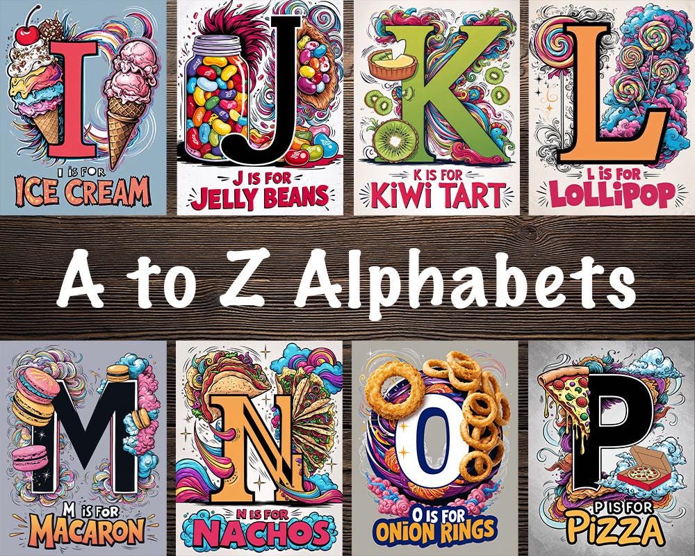 26 Fun Food Alphabet Posters Kitchen Wall Art Alphabet Cards ABC Poster ...