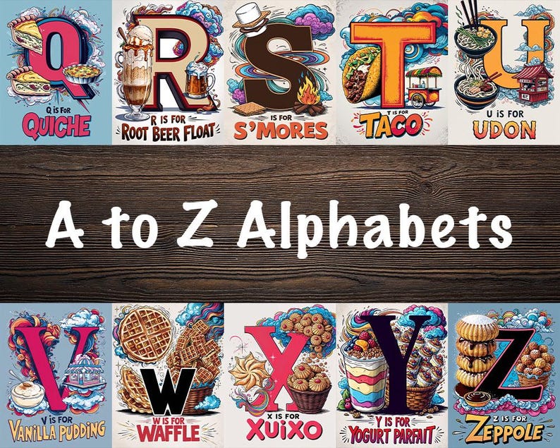 26 Fun Food Alphabet Posters Kitchen Wall Art Alphabet Cards ABC Poster ...