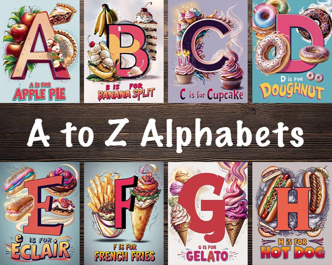 26 Fun Food Alphabet Posters Kitchen Wall Art Alphabet Cards ABC Poster ...