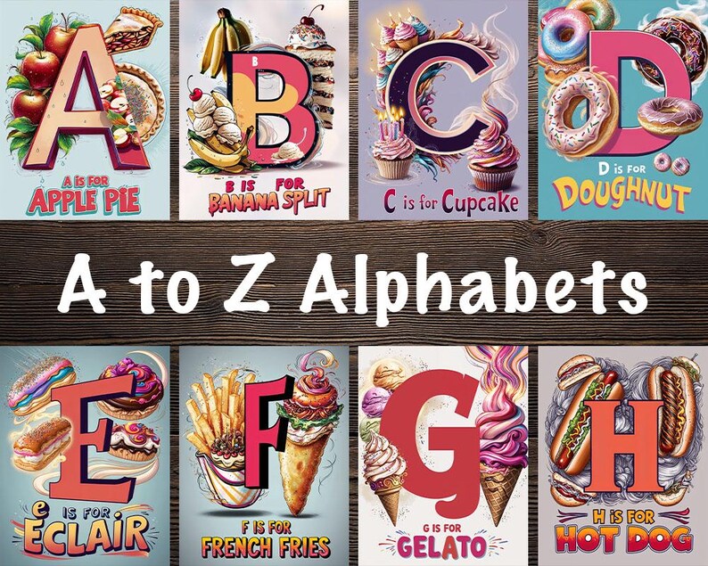 26 Fun Food Alphabet Posters Kitchen Wall Art Alphabet Cards ABC Poster ...