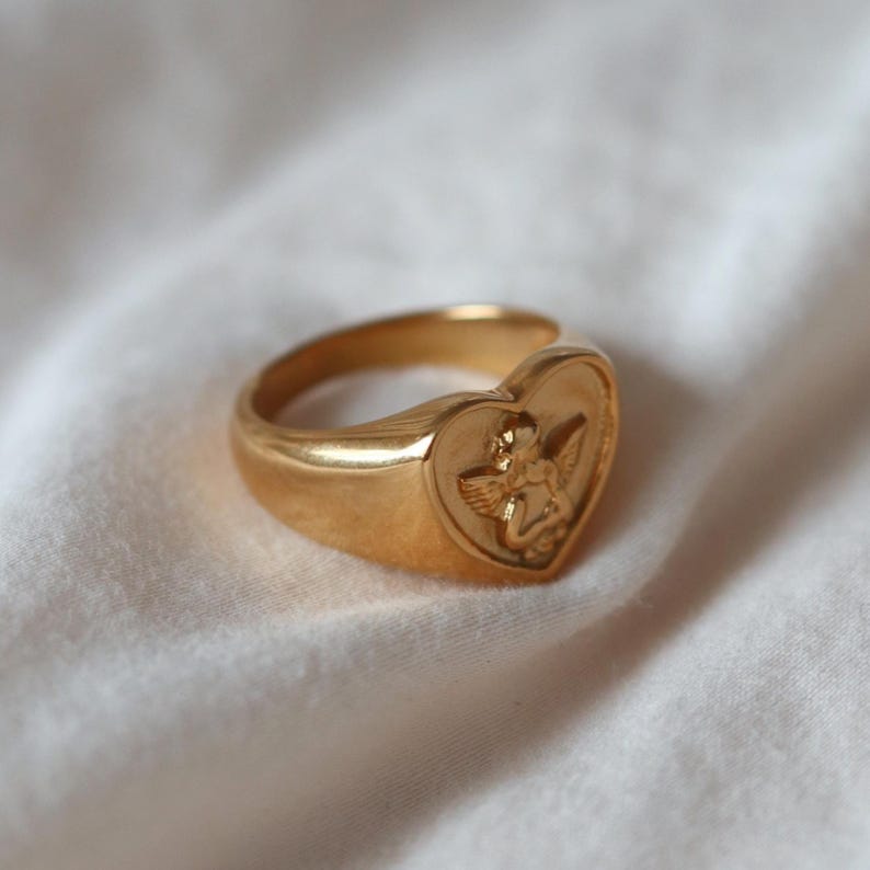 Gold Cupid Heart Ring: 18k Gold Plated Signet, Vintage Style - Etsy