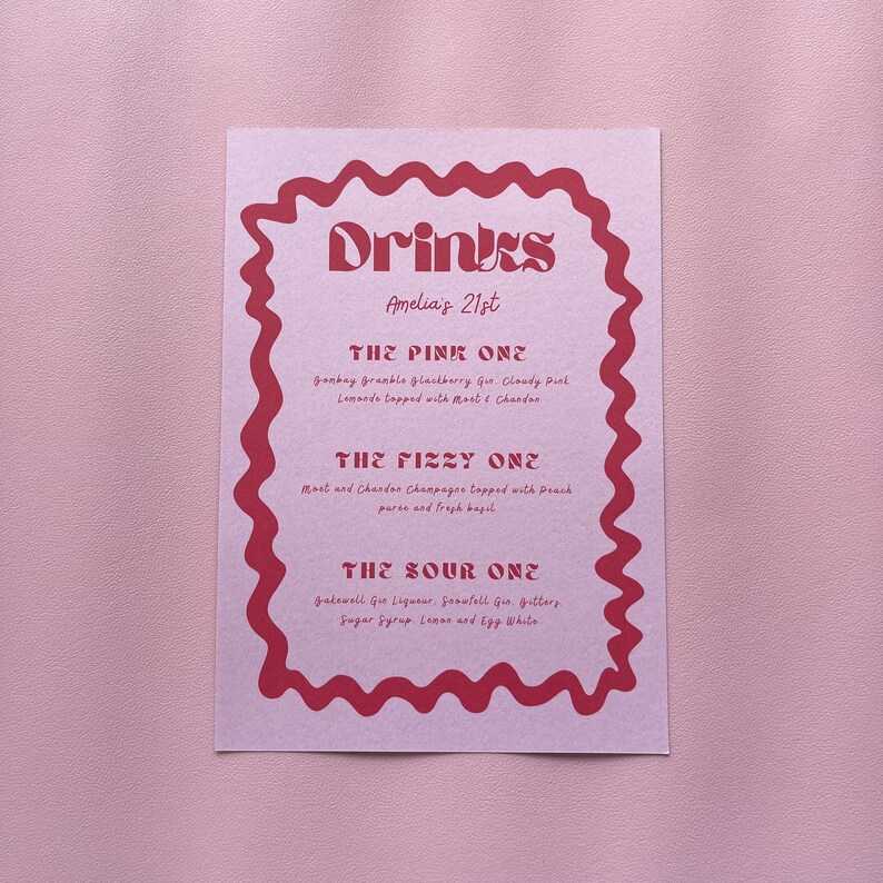 Pretty & Pink Drinks Menu for Birthdays, Parties, Weddings - Etsy