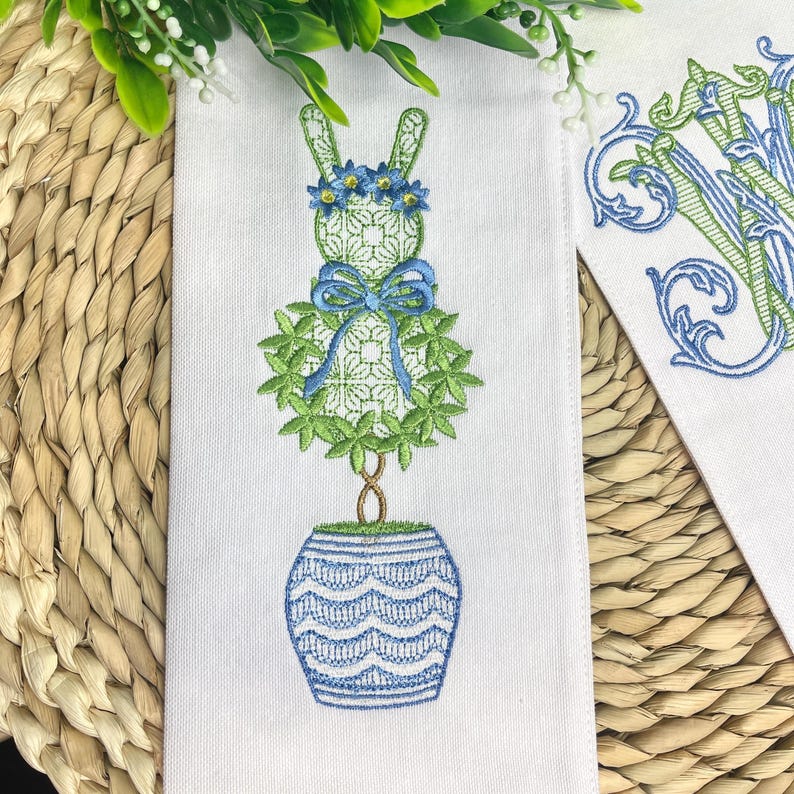Easter Wreath Sash | Topiary Wreath Sash | Embroidered Bunny & Monogram ...