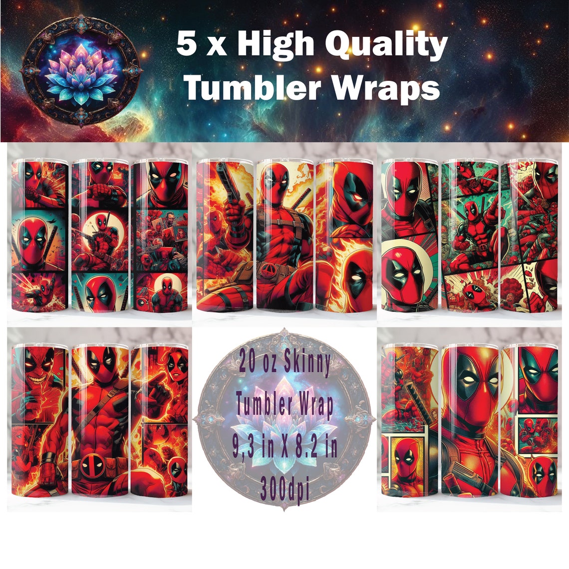 Deadpool Tumbler Wrap, 5 X 20oz Skinny Vibrant Colorful Tumbler Wraps ...