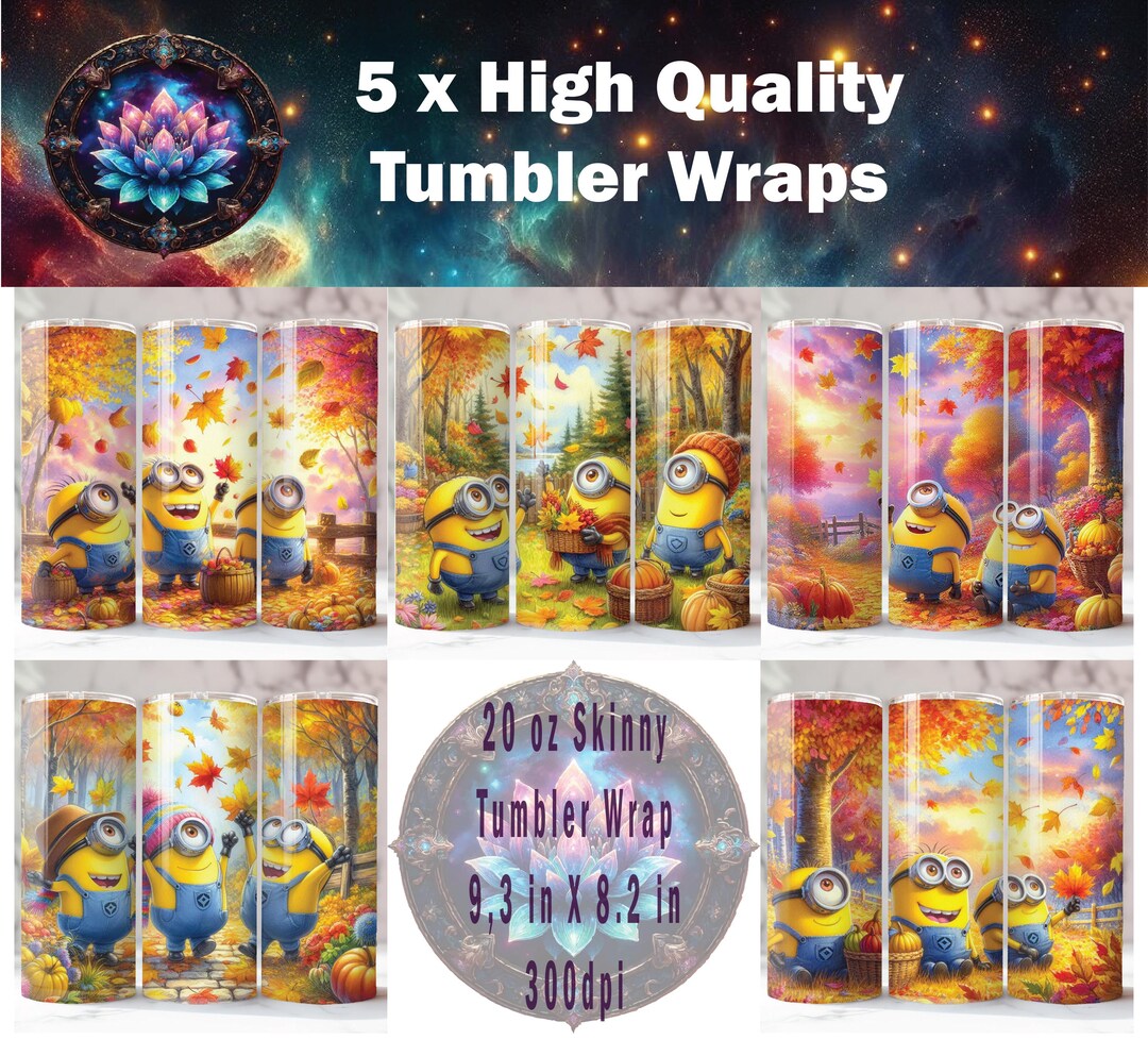 Minions in Fall in Watercolor 5 X 20oz Skinny Vibrant Colorful Tumbler ...